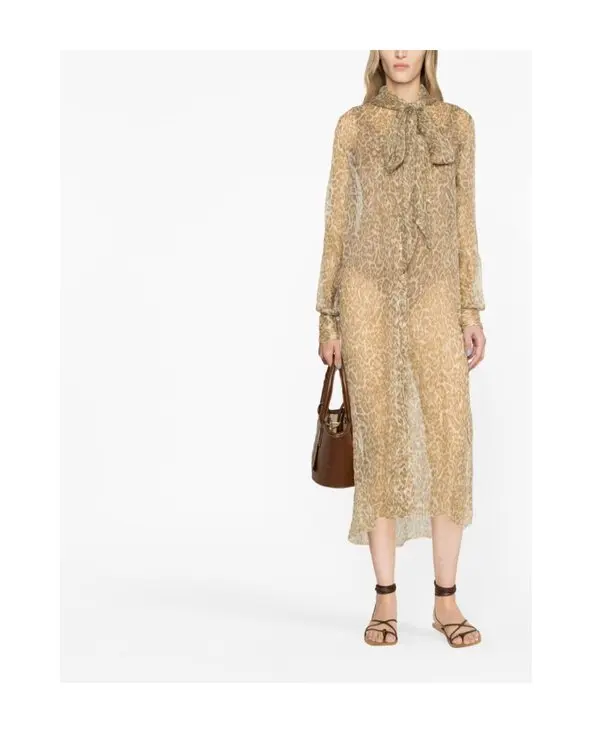 Ermanno Scervino Sheer Silk Leopard Print Midi Shirt Dress - Nude
