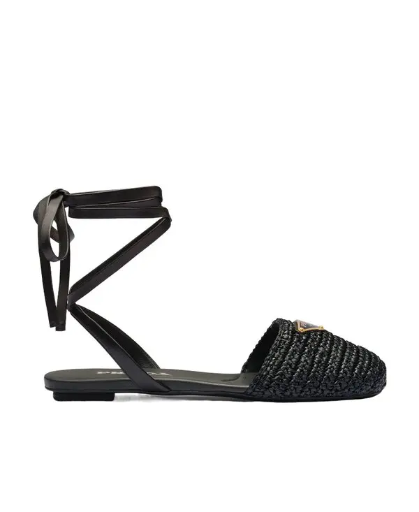 Prada Crochet Flat Sandals With Napa Leather Ankle Strap - Black