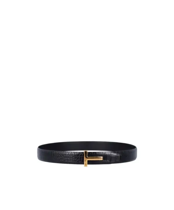 TOM FORD Textured T Buckle Leather Belt - Black