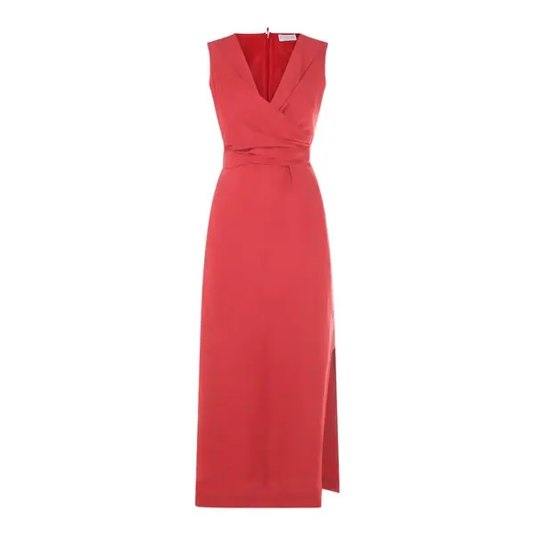 Brunello Cucinelli Sleeveless Fluid Twill Wrap-effect Midi Dress With Slit Skirt - Red