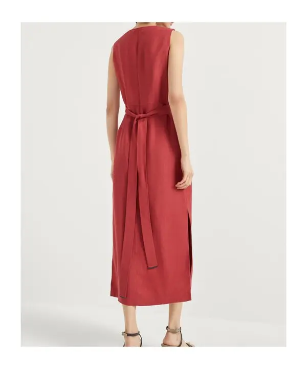 Brunello Cucinelli Sleeveless Fluid Twill Wrap-effect Midi Dress With Slit Skirt - Red