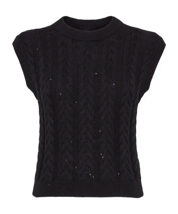Brunello Cucinelli Sleeveless Double Cable Knit Vest With Embellishment - Black
