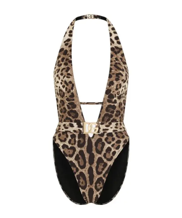 Dolce & Gabbana Leopard Print One-piece Swimsuit With Logo Detail - Black