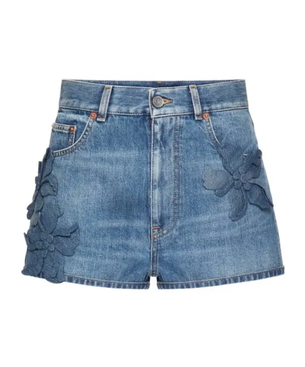 Valentino Garavani Embroidered Medium Blue Denim Shorts - Dark Denim