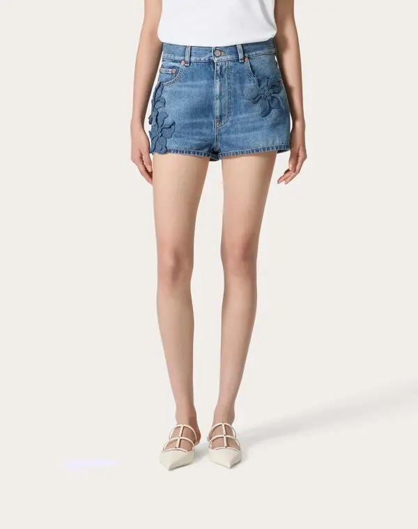 Valentino Garavani Medium Blue Denim Shorts With Petal Appliqu