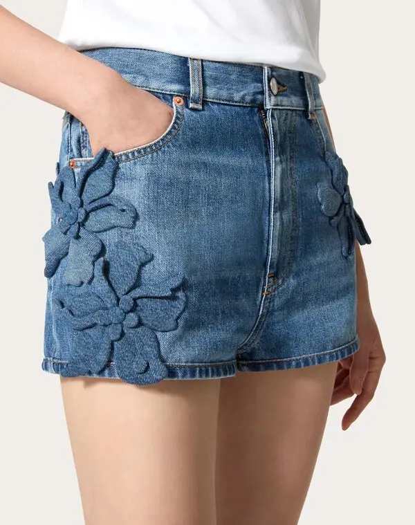Valentino Garavani Floral Appliqué Denim Shorts