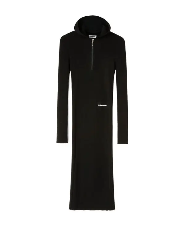 JIL SANDER Long-sleeved Ribbed Hooded Midi Dress - Black
