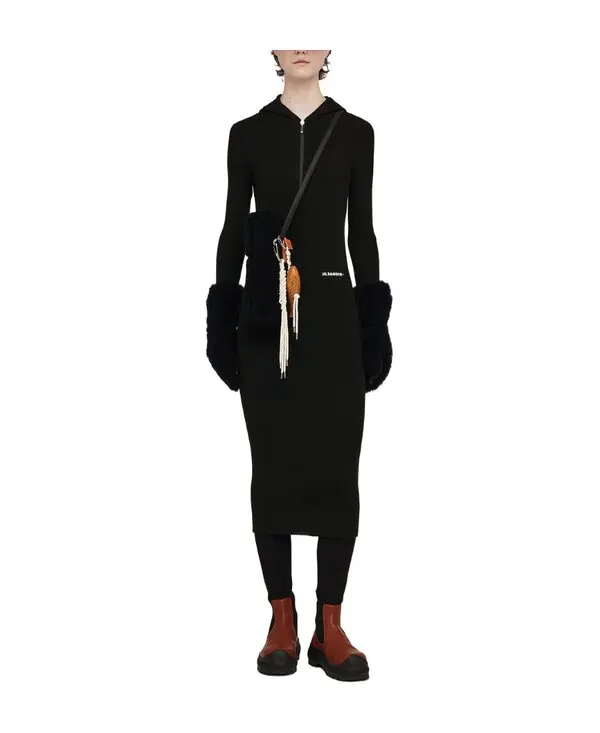 JIL SANDER Long-sleeved Ribbed Hooded Midi Dress - Black