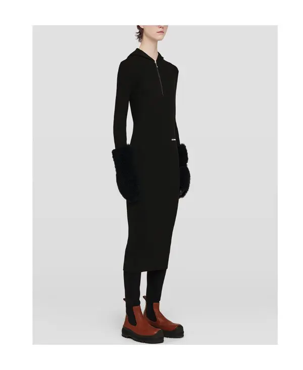 JIL SANDER Long-sleeved Ribbed Hooded Midi Dress - Black