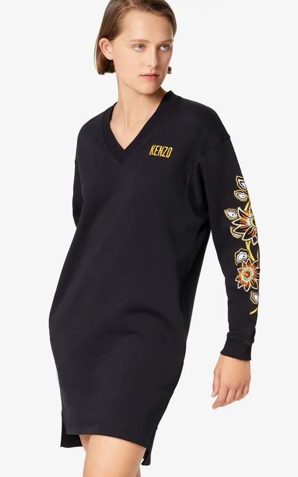 Kenzo V-neck Embroidered Flower Logo Dress