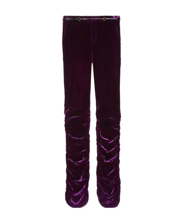 Gucci Belted Ruched Velvet Pants - Purple