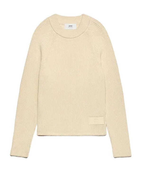 Ami Crewneck Knitted Jumper With Ribbed Details And Logo Applique - Nude