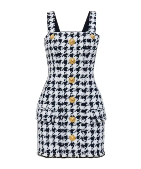 Balmain Houndstooth Button Detailed Tweed Mini Dress