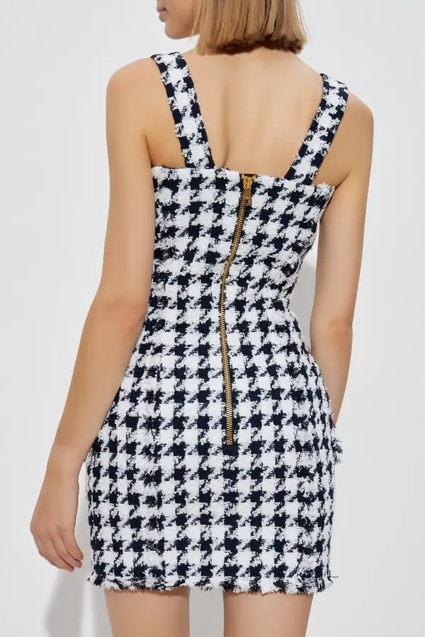 Balmain Houndstooth Button Detailed Tweed Mini Dress