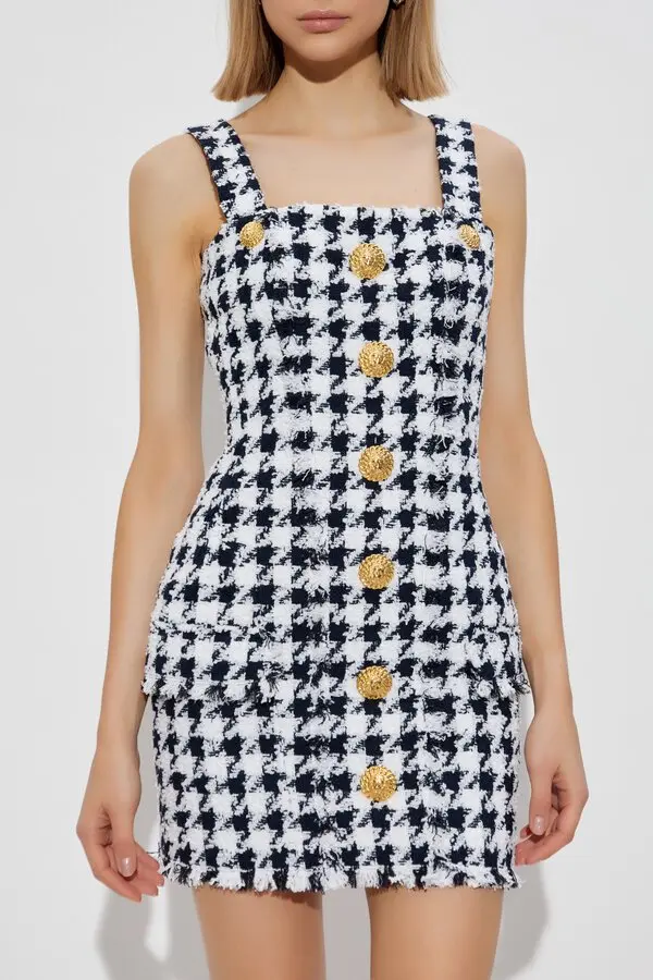 Balmain Houndstooth Button Detailed Tweed Mini Dress