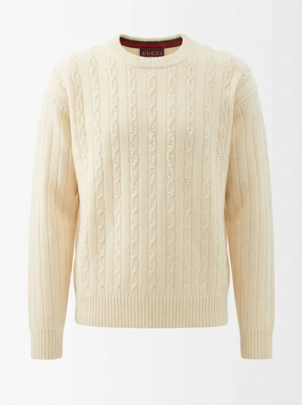 Gucci Crewneck Knit Sweater With Embellishments - Nude