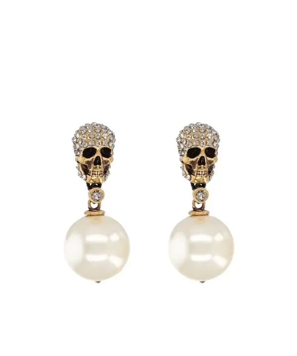 Alexander McQueen Skull Embellished Pearl Drop Earrings - Yellow