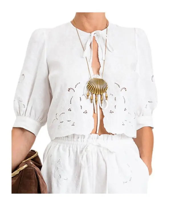 TWINSET Embroidered Linen Shirt With Puff Sleeves And Bow Details - White