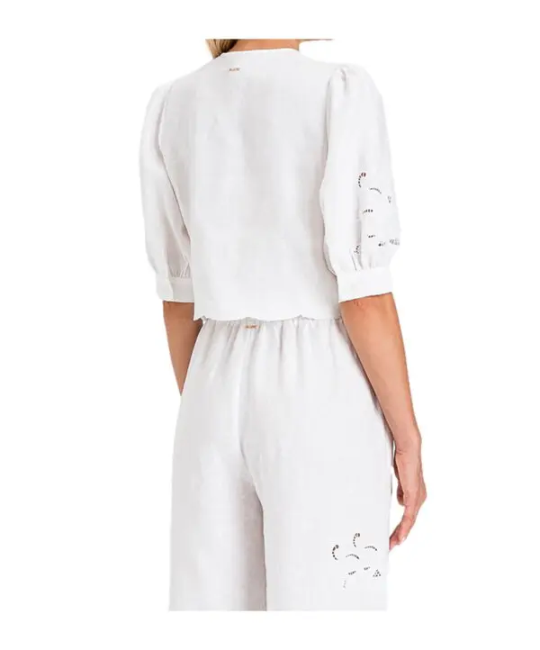 TWINSET Embroidered Linen Shirt With Puff Sleeves And Bow Details