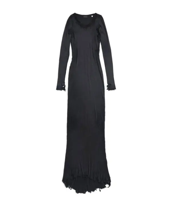 Balenciaga Long-sleeved Maxi Dress With Lace Neckline And Distressed Details