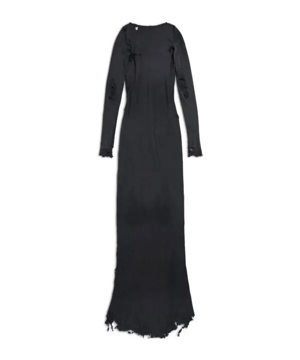 Balenciaga Long-sleeved Maxi Dress With Lace Neckline And Distressed Details