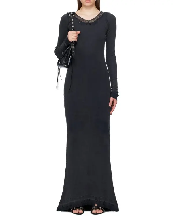 Balenciaga Long-sleeved Maxi Dress With Lace Neckline And Distressed Details