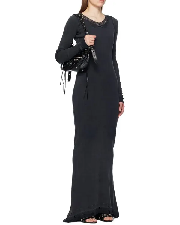 Balenciaga Long-sleeved Maxi Dress With Lace Neckline And Distressed Details