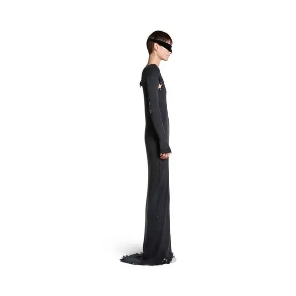 Balenciaga Long-sleeved Maxi Dress With Lace Neckline And Distressed Details