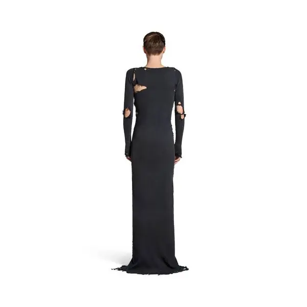 Balenciaga Long-sleeved Maxi Dress With Lace Neckline And Distressed Details