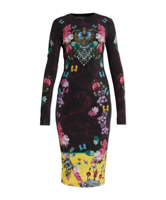 Versace Graphic Detail Long Sleeve Midi Dress - Black