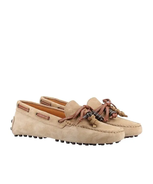 TOD'S Suede Driving Flats With Bow Detailing - Beige