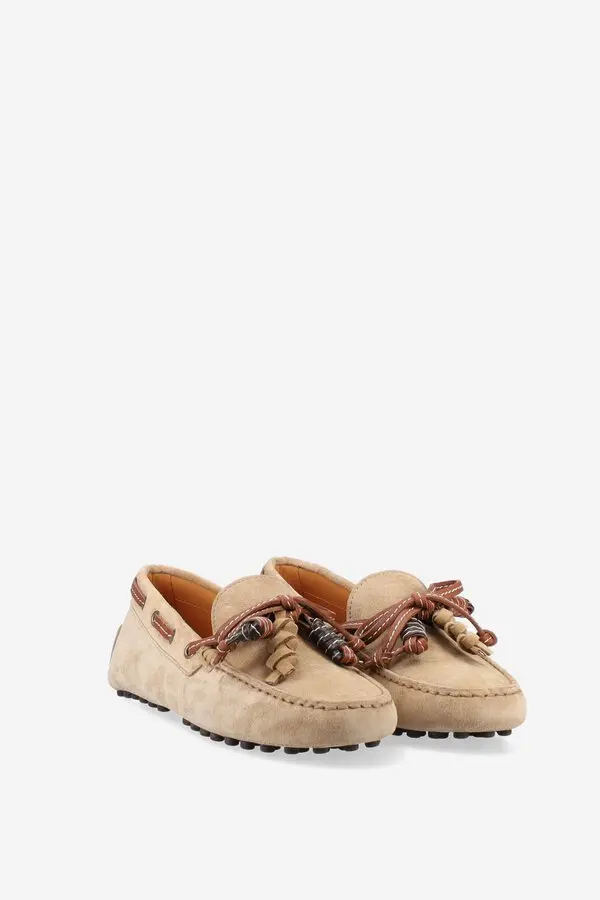 TOD'S Suede Driving Flats With Bow Detailing - Beige