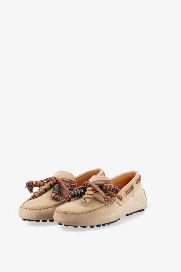 TOD'S Suede Driving Flats With Bow Detailing - Beige