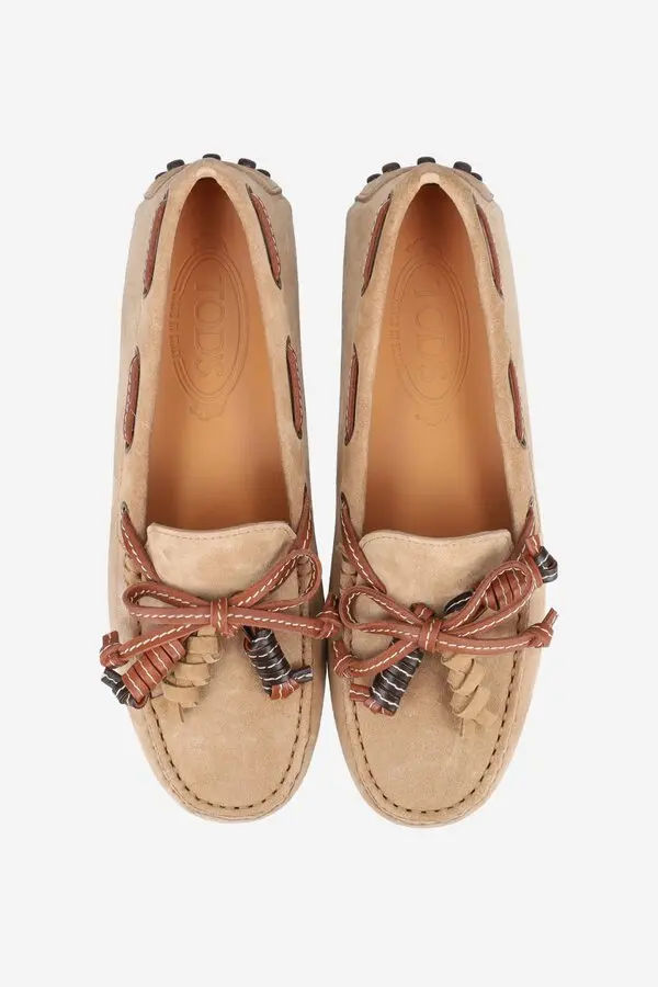 TOD'S Suede Driving Flats With Bow Detailing - Beige