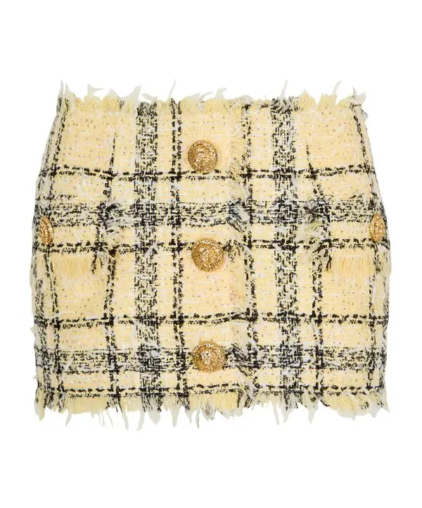 Balmain Glitter Tweed Mini Skirt With Lion Head Buttons - Yellow