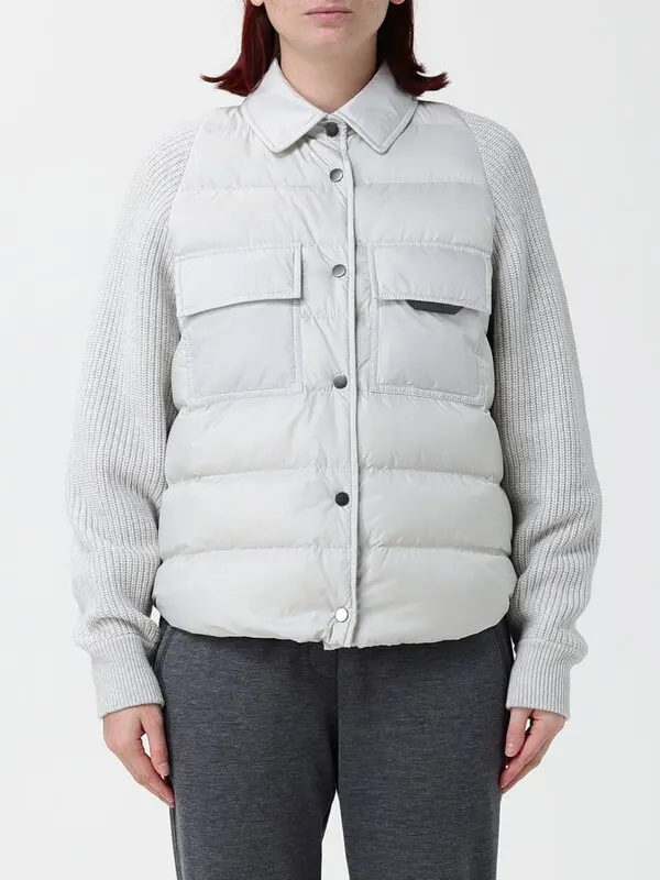 Brunello Cucinelli Down Jacket With Shirt Collar And Snap Closure - Grey