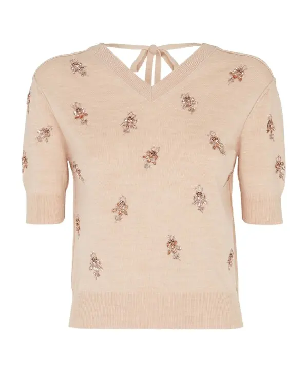 Fendi Short Sleeve V-neck Embellished Knit Top