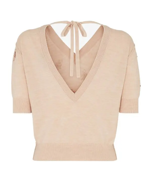 Fendi Short Sleeve V-neck Embellished Knit Top