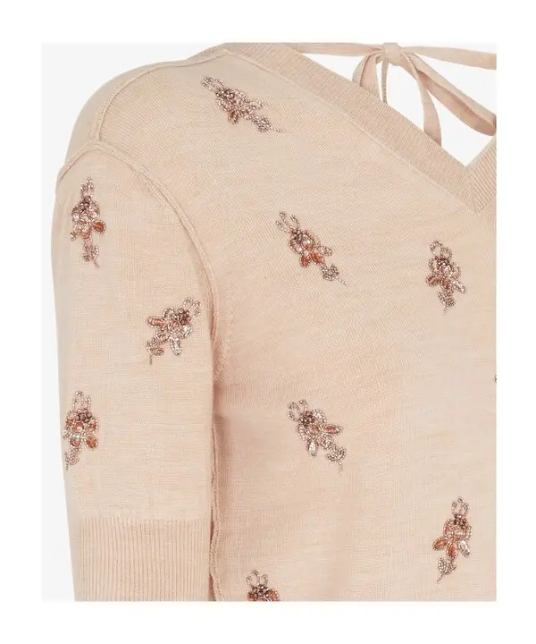 Fendi Short Sleeve V-neck Embellished Knit Top