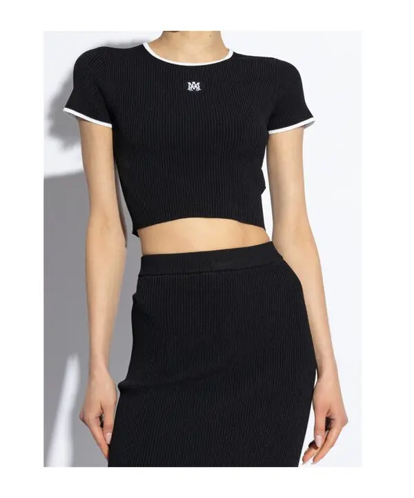 Amiri Ribbed Embroidered Logo Cropped Top - Black