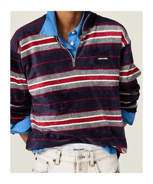 Miu Miu Chenille Striped Half-zip Sweater - Navy Blue