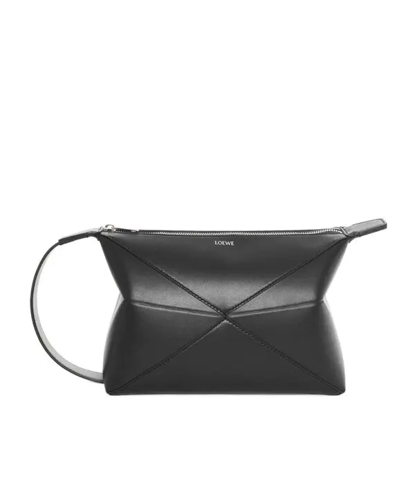 Loewe Puzzle Fold Wash Bag In Shiny Calfskin - Black