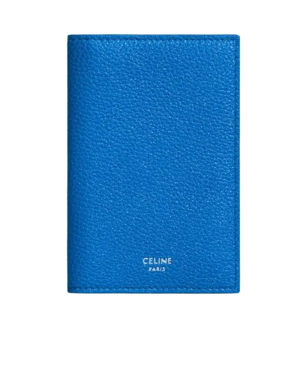 Celine Vertical Card Holder In Grained Calfskin - Blue