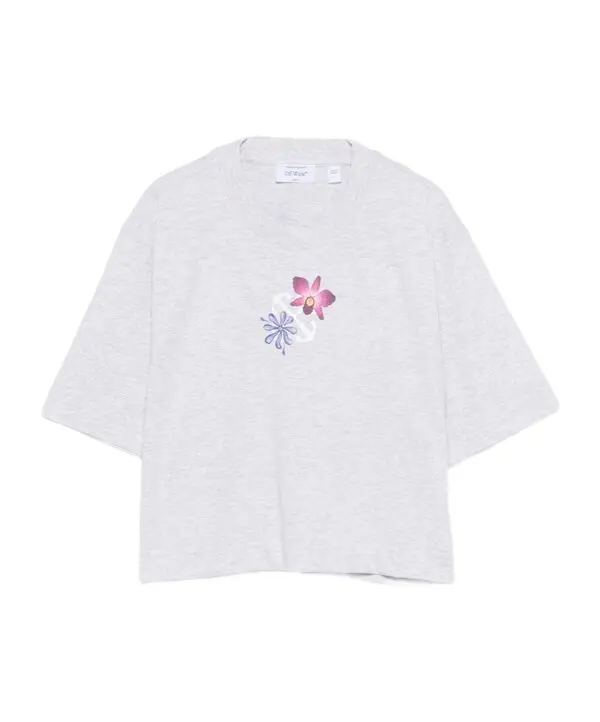 Off-White Cropped T-shirt With Floral Print - White
