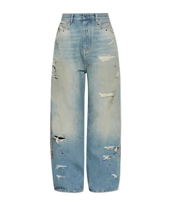 Amiri Distressed Bones Studded Baggy Jeans - Gray