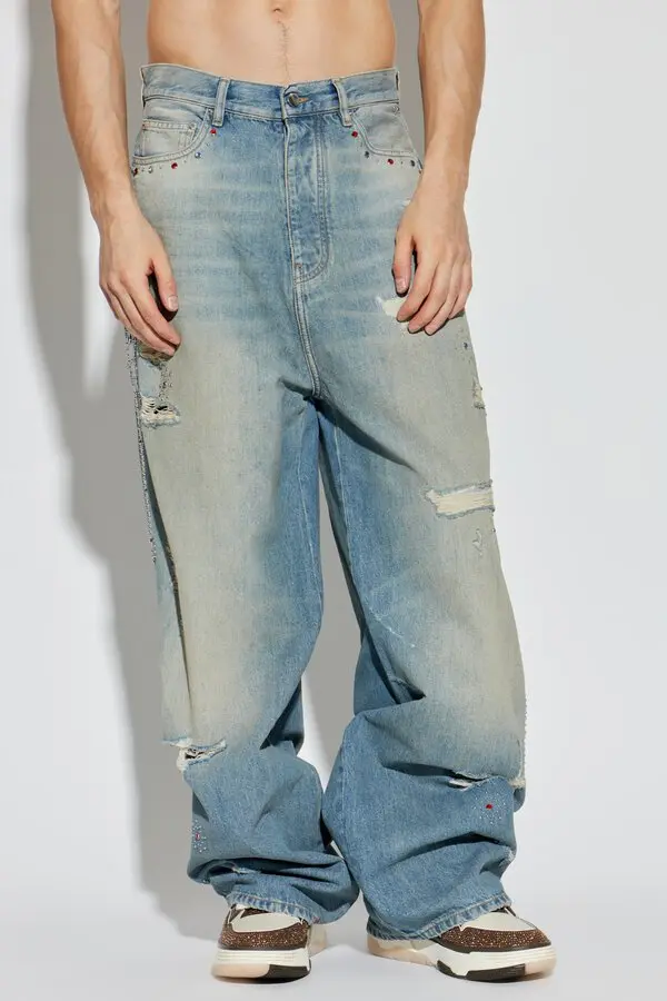 Amiri Distressed Bones Studded Baggy Jeans - Gray