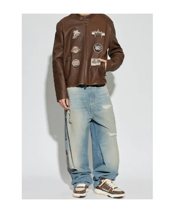 Amiri Distressed Bones Studded Baggy Jeans - Gray
