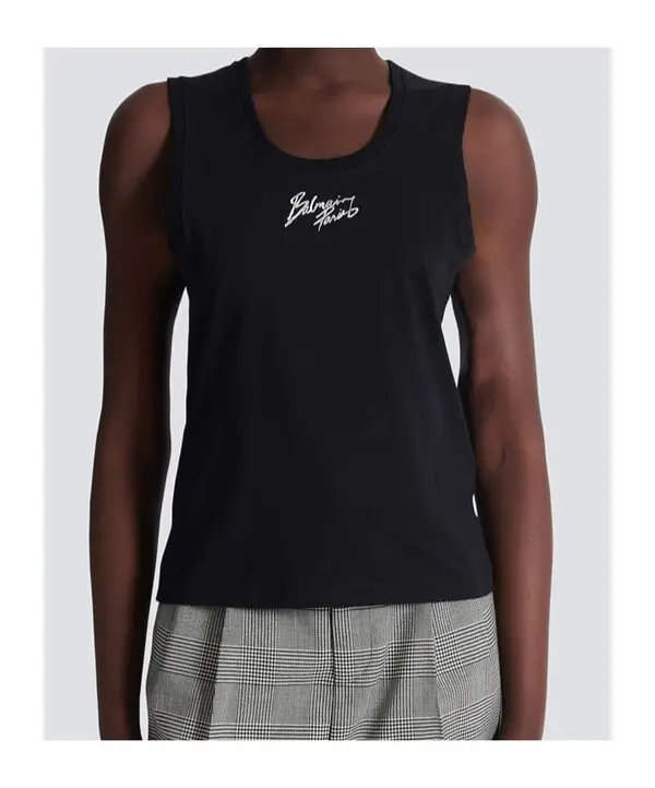 Balmain Brushed Logo Printed Relaxed Tank Top - Black