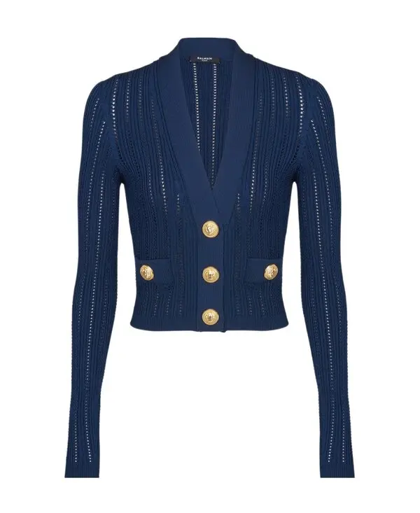 Balmain Cropped Knit Cardigan With Gold Lion Head Buttons - Blue