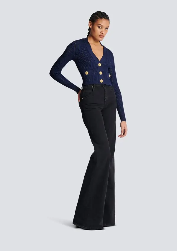 Balmain Cropped Knit Cardigan With Gold Lion Head Buttons - Blue